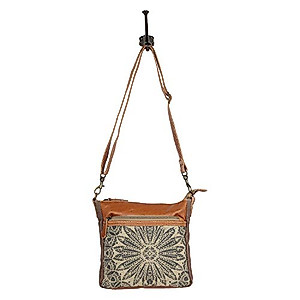 Myra Bag Dizzy Circle Upcycled Canvas & Leather Small Crossbody Bag S-1556, Brown,
