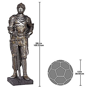 Design Toscano King's Guard Medieval Decor Half Scale Knight Armor Gothic Statue, 39 Inch Tall, Cast Stone Resin, Metallic Finish with Faux Stone Base
