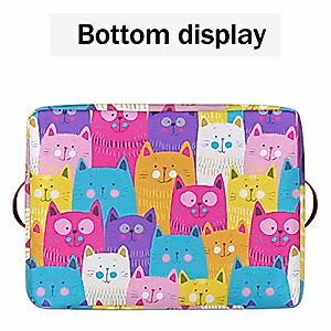 Rectangular Cats Baskets, Kitten Girls Storage Bins Kids Storage Basket with PU Leather Handles Cute Baskets Clothes Toys Box Books Baskets Gifts Baskets for Closet Shelf Nursery Bedroom 15x11x9.5 In