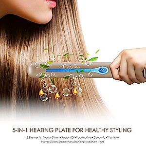 NITION Professional Salon Hair Straightener Argan Oil Tourmaline Ceramic Titanium Straightening Flat Iron for Healthy Styling,LCD 265°F-450°F,2-in-1 Curling Iron for All Hair Type,Gold,1 inch Plate