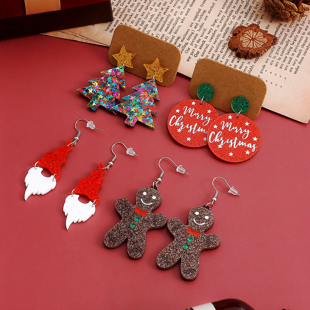 Christmas Earrings For Women Holiday Earrings Christmas Stud Earrings Dangle Acrylic Christmas Tree Earrings Christmas Gnomes Gingerbread Man Earrings Christmas Jewelry Bulk 4 Pairs…