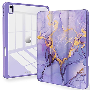 Feams Case for iPad Air 11-inch M2 (2024), iPad Air 5th Generation Case, iPad Air 5th/4th 10.9 Inch 2022/2020 Case Clear Back with Auto Sleep & Pencil Holder for iPad Air 5/4, Purple Gold Marble