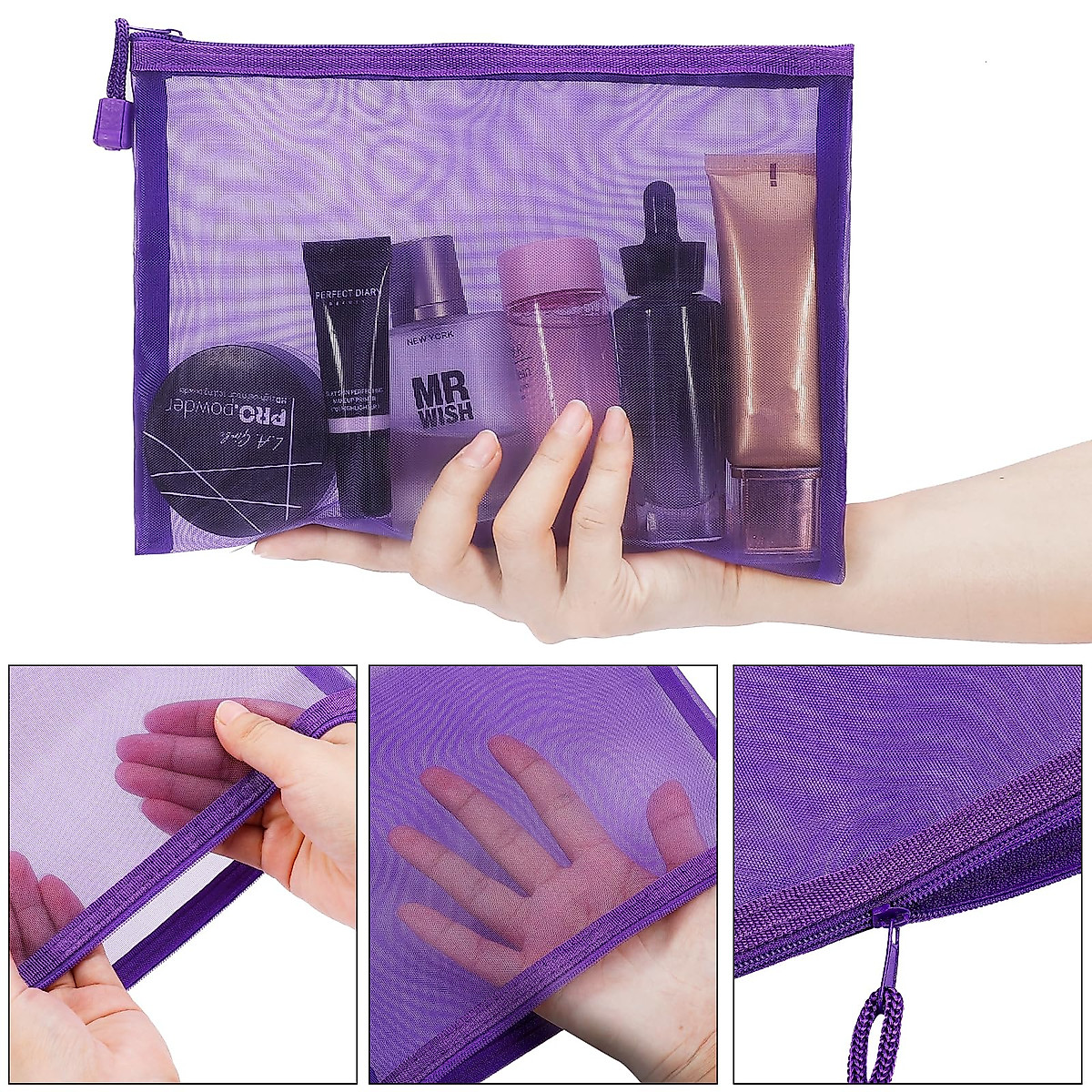 Sinzip 12 Pieces Zipper Nylon Mesh Pouch, Mesh Cosmetic Bags Makeup Bags Pencil Case, Multipurpose Travel Bags for Cosmetic School Office Supplies and Travel Accessories (Purple, A5+B6)