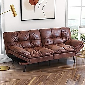 IULULU Futon Sofa Bed, Faux Leather Couch, Modern Convertible Sleeper Daybed with Adjustable Armrests for Studio, Apartment, Office, Small Space, Compact Living Room, Brown