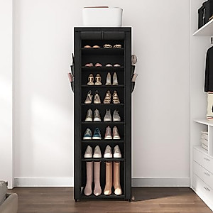 ROJASOP Shoe Rack with Covers, 10 Tier Shoe Organizer Narrow Shoe Storage Cabinet for 20-22 Pairs Shoes and Boots Tall Space Saving Shoe Shelf for Closet Entryway Garage Hallway Bedroom