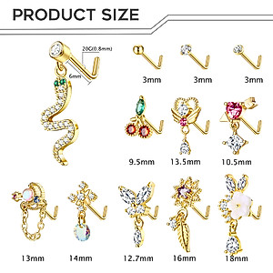 Sanfenly 12Pcs 20G Dangle Nose Studs for Women Stainless Steel L Shaped Nose Studs CZ Cherry Snake Heart Butterfly Flower Moon Dangling Nose Piercing Jewelry