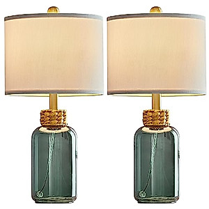 G-SAFAVA 20.25" Modern Glass Table Lamp Set of 2, Small Farmhouse Bedside Lamp Blue Green Nightstand Lamp for Living Room Bedroom Office Dorm