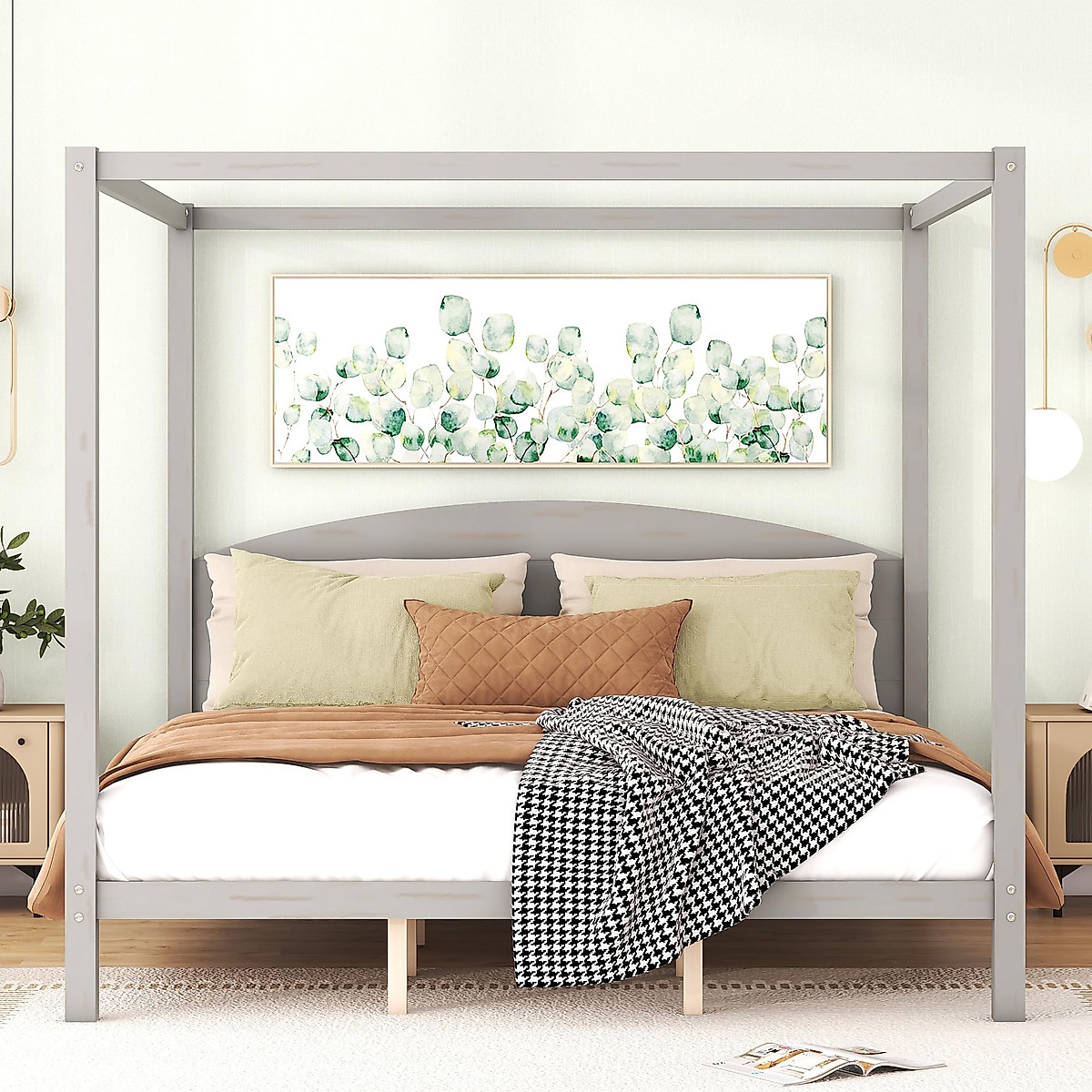 Prohon King Canopy Bed with Headboard, Wooden Canopy Bed Frame w/Extra Support Legs, King Size Platform Bed for Kids, Teen, Adults, No Box Spring Needed, Easy to Install, Grey