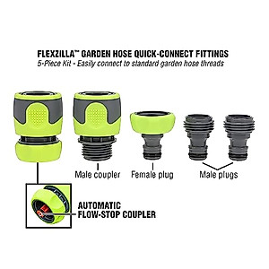 Flexzilla HFZGAK14 Garden Hose Quick-Connect Fittings, 5-Piece Coupler & Plug Kit, ZillaGreen