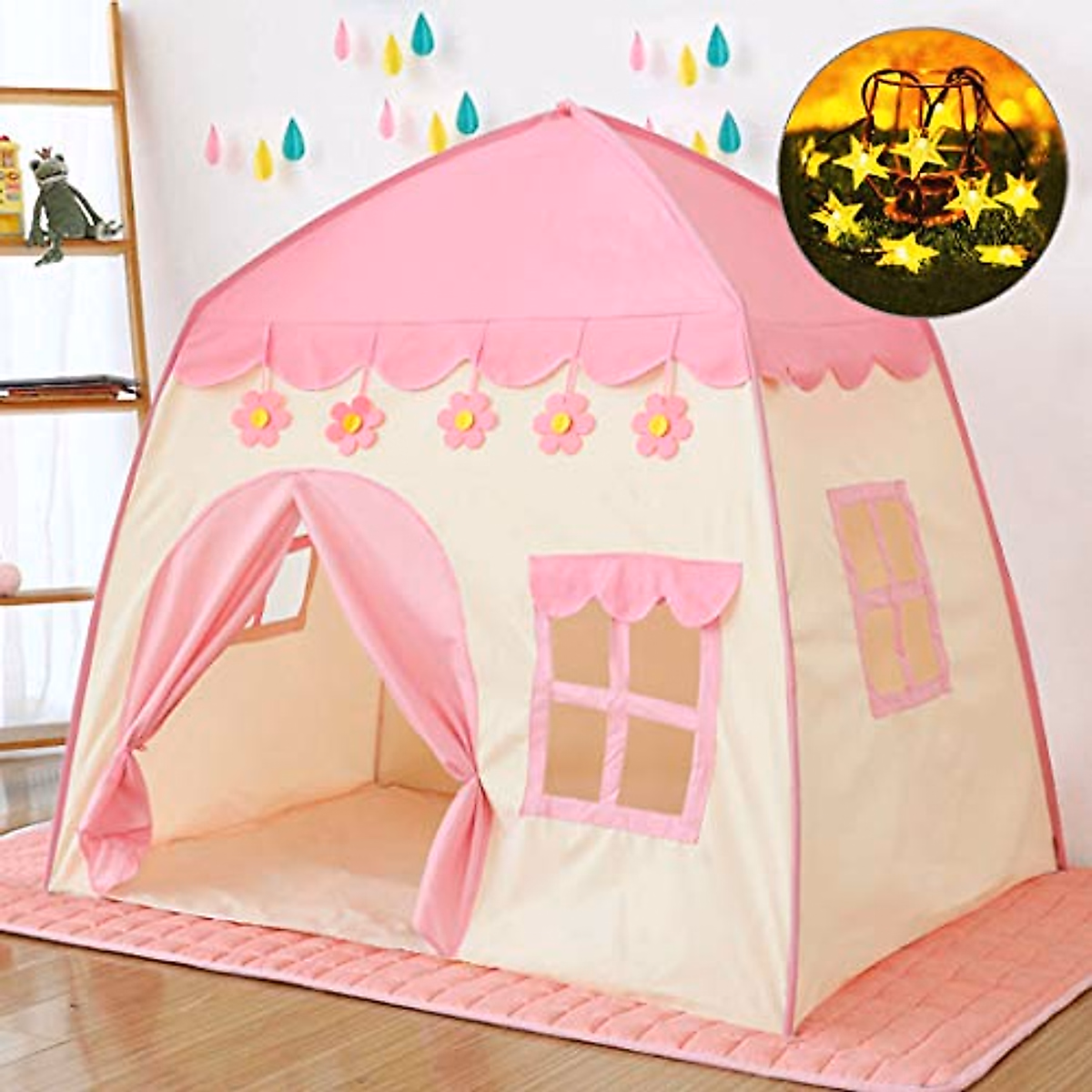 Princess Castle Play Tent with Lights Kids Teepee Tent Large Children Playhouse Oxford Fabric Children Playhouse for Indoor Outdoor with Carry Bag Portable Playhouse Boys & Girls Birthday Gift (Pink)
