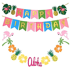 Hawaiian Party Decoration |Luau Party Supplies| Hawaiian Tropical Banner, Flamingo Garland for Pool Party Supplies,Tropical Party Decoration(set of 2),Birthday Banner for Beach Moana Party decorations
