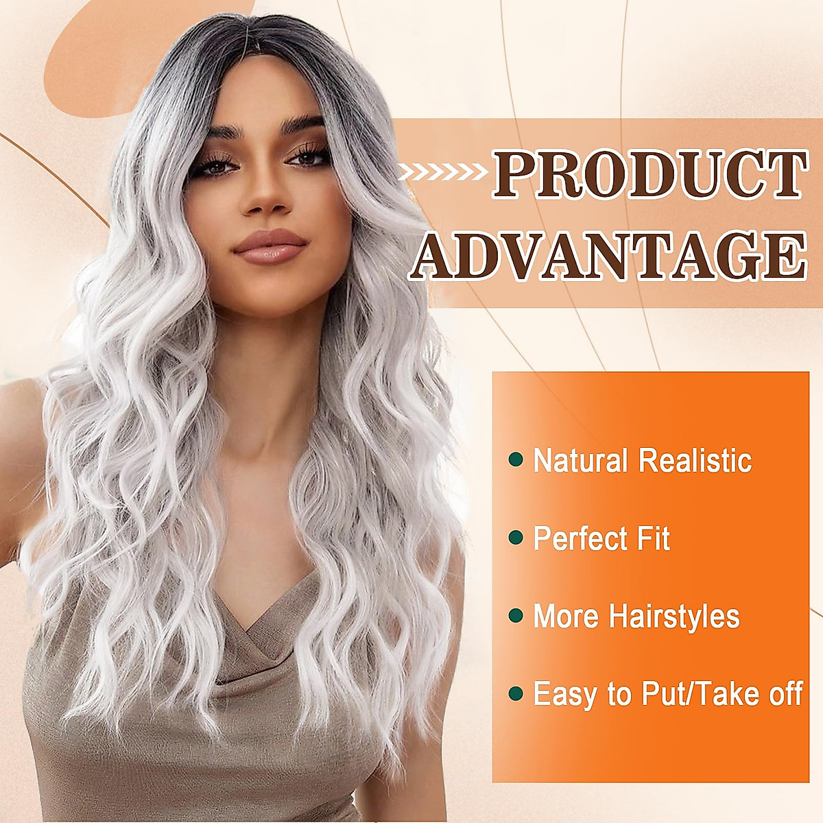 GOWIT Ombre Silver Grey Wigs for Women 30 Inch Long Curly Wavy Wig Middle Part Dark Roots Natural Looking Synthetic Heat Resistant Wig for Halloween Christmas Daily Cosplay Party Use
