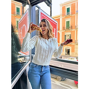 ZAFUL Women's Cable Cropped Sweater Long Sleeve Crewneck Pullover Knit Jumper Top (0-White, M)