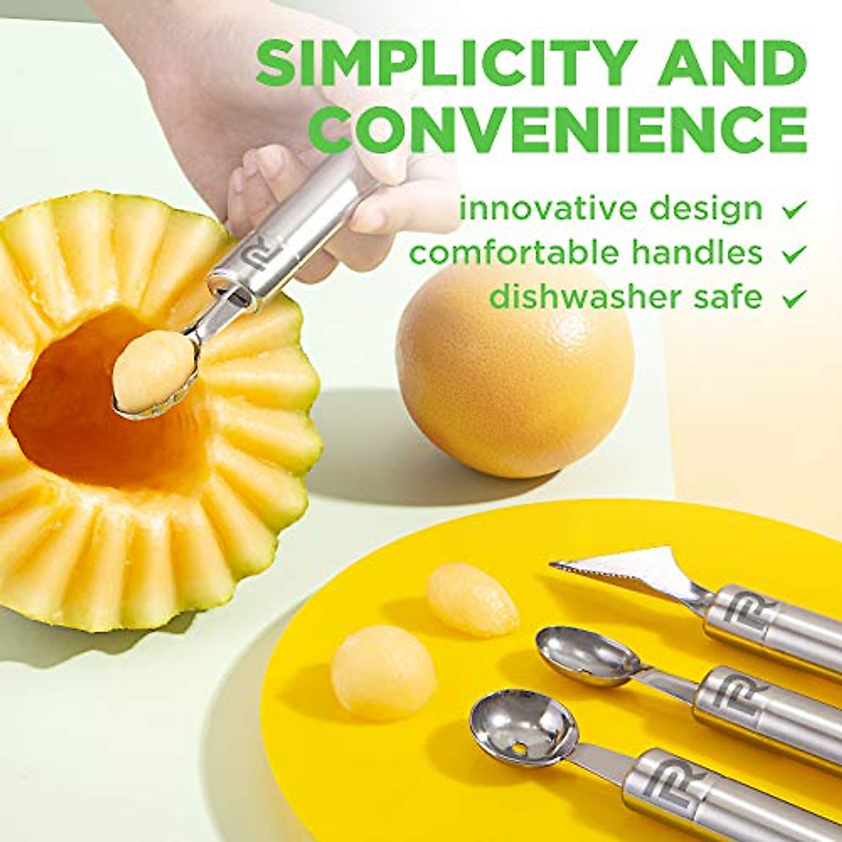 Riveira Melon Baller Scoop Set Stainless Steel 4-Piece Carving Knife Watermelon Cantaloupe Scooper for Cutting and Scooping Fruit Melons
