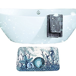 Amagical Sea Shells Seahorse Starfish Pattern 3 Piece Blue Ocean Shower Curtain Bath Mat Set Non Slip Bathroom Mat Contour Mat Fabric Shower Curtain with 12 Hooks