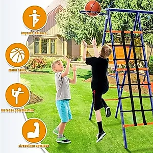 Swing Sets for Backyard 550 lbs - 6 in 1 Multifunction Kids Swing Set Outdoor Heavy Duty Extra Large Metal Swing Frame with 3 Adjustable Swing Climbing Net Climbing Ladder Basketball Hoop