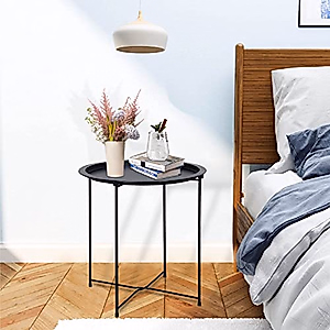 Garden 4 you Folding Tray Metal Side Table Black Round End Table Cyan Sofa Small Accent Fold-able Table, Round End Table Tray, Next to Sofa Table, Snack Table for Living Room and Bed Room