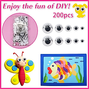 TOAOB 200pcs Black Wiggle Googly Eyes Self Adhesive with Eyelashes Round 8mm 10mm 12mm 15mm 20mm Plastic Sticker Eyes for DIY Crafts Scrapbooking Decoration