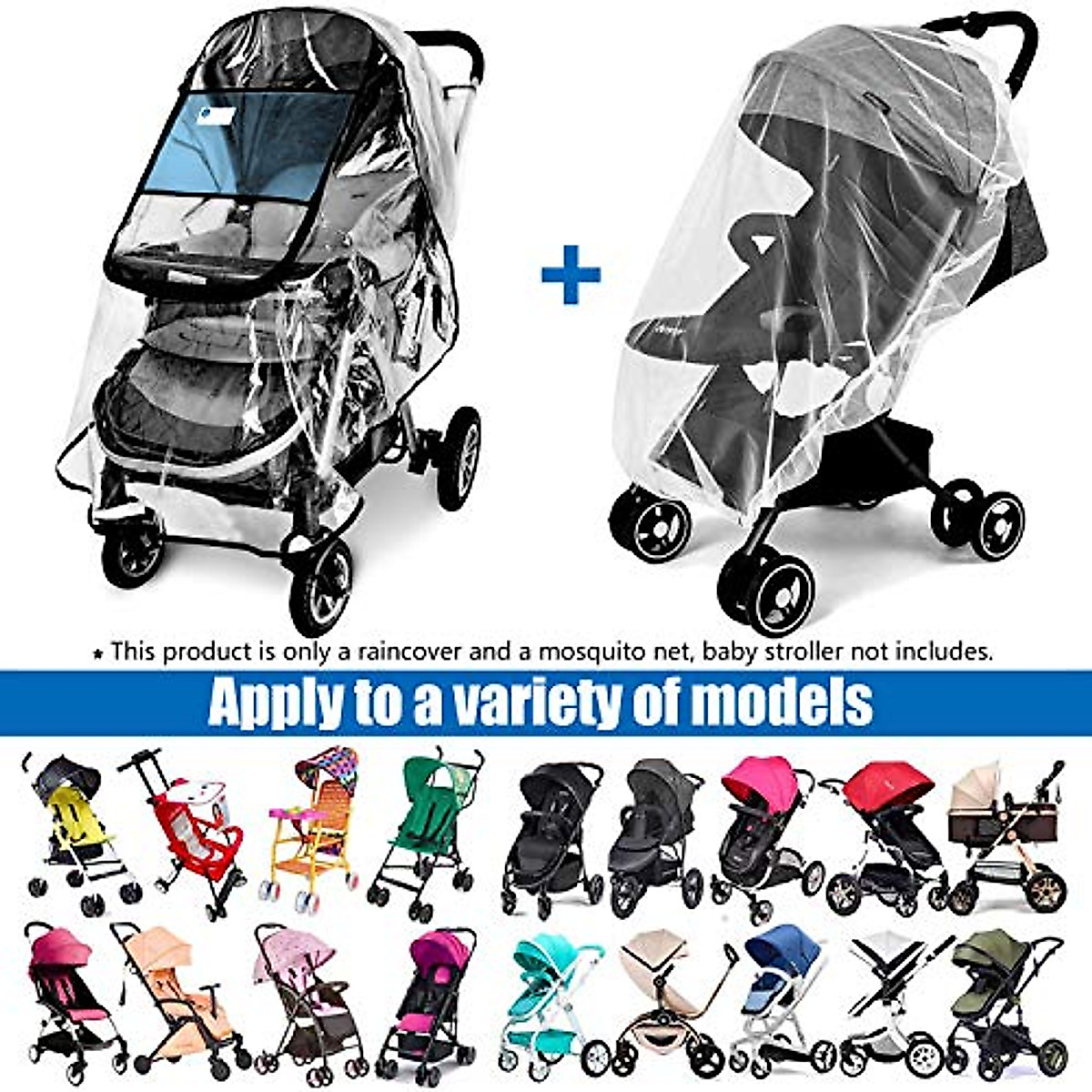 Stroller Rain Cover and Baby Stroller Mosquito Net(2-Piece Set),Universal Stroller Accessory,Waterproof, Windproof Protection,Protect from Dust Snow,Baby Travel Weather Shield