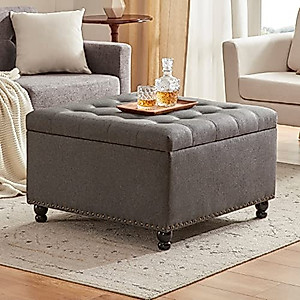 Tbfit Large Square Storage Ottoman Bench, Tufted Upholstered Coffee Table with Storage, Oversized Storage Ottomans Toy Box Footrest for Living Room, Dark Grey