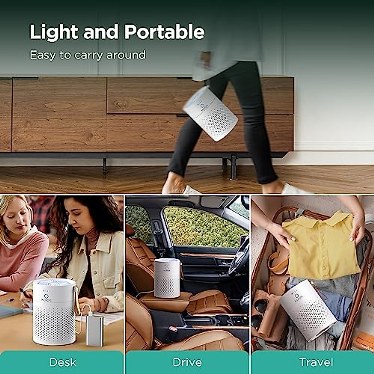 Air Purifiers for Bedroom Home, KOIOS H13 True HEPA Filter Air Purifiers for Desktop Office Car Pets with USB Cable, Small Air Cleaner, Night Light, Timer, Remove Smoke, Dust, Odors, Pollen