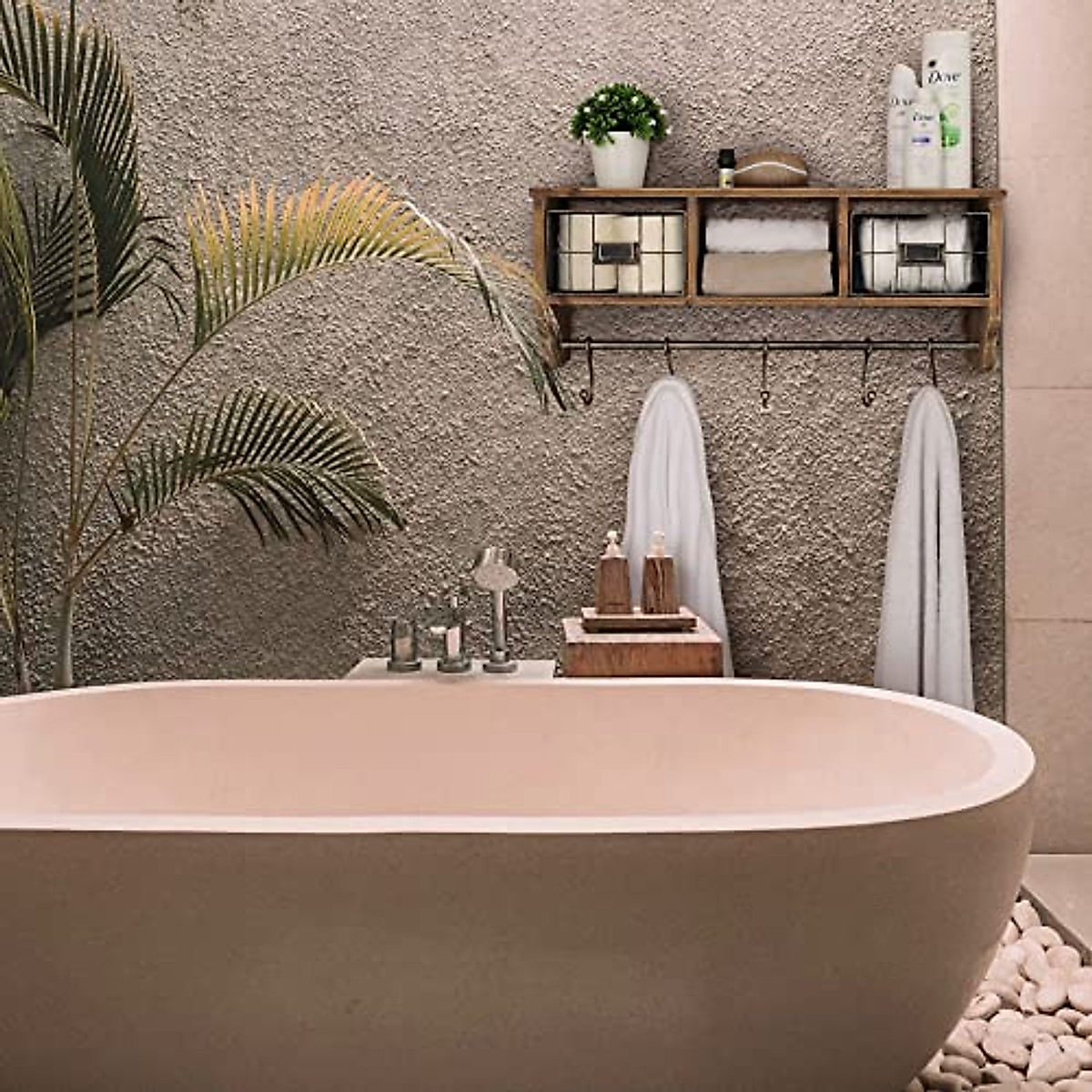 HBCY Creations Wall Mounted Shelf with Coat Hooks and Baskets, Solid Wood Entryway Organizer Wall Shelf with Hooks - Hang Coats, Keys or Coffee Mugs, Rustic Brown 24" Wide