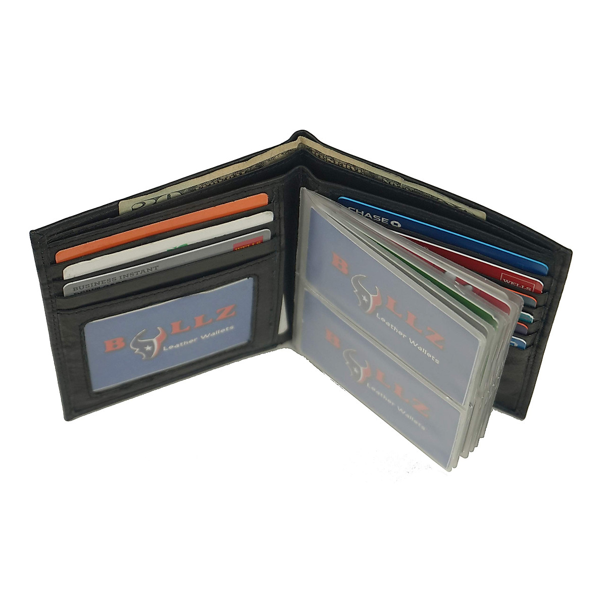 Leather European Bifold Hipster Mens Wallet With Heavy Duty Vinyl Wallet Insert (Black)