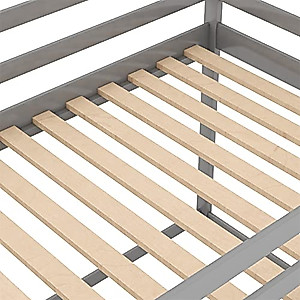 Twin Over Twin Low Bunk Bed, Wood House Bunk Bed Frame with Ladder, Guardrail and Roofs Floor Bunk Bed for Kids, Teens, Girls, Boys,Gray