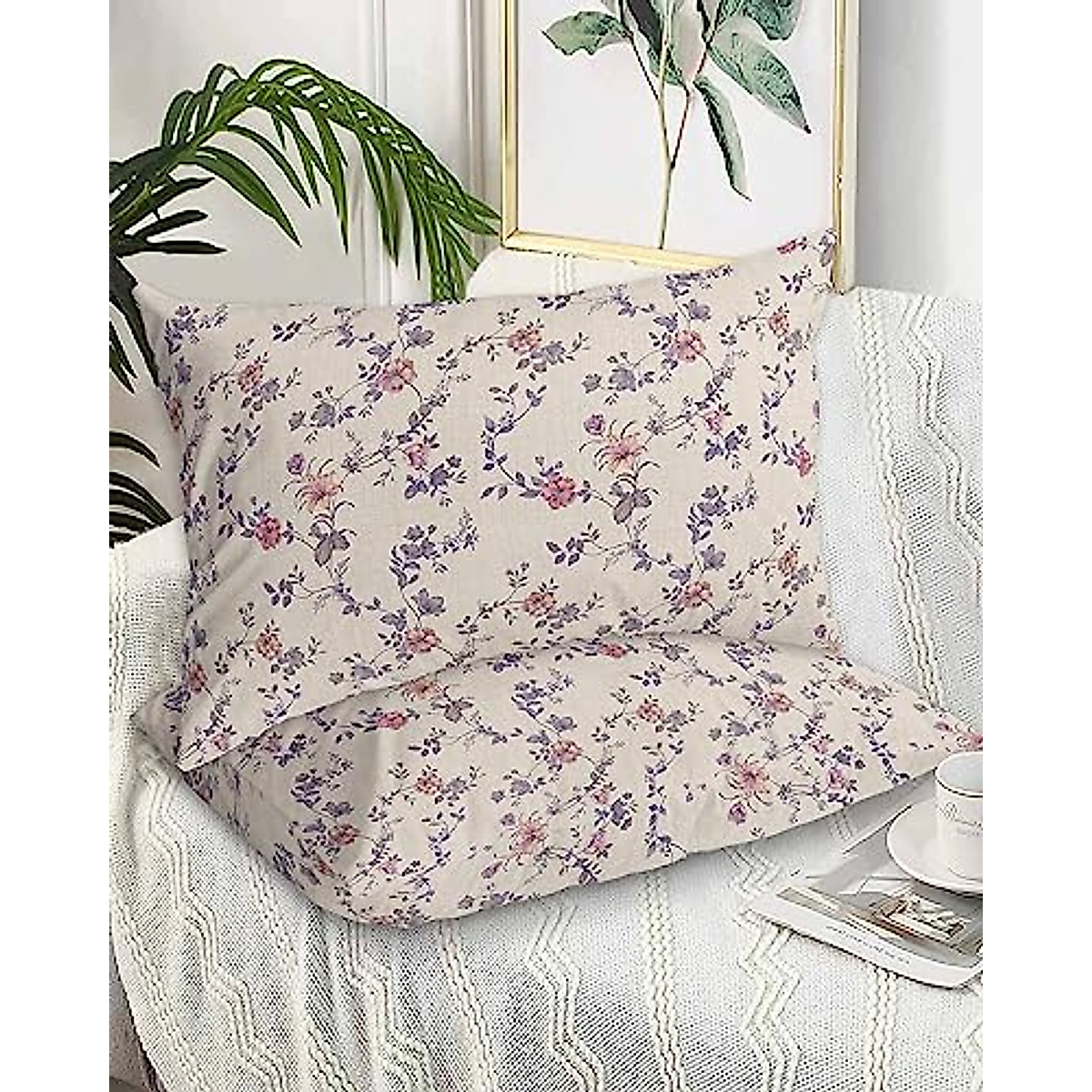 Edwiinsa Spring Floral Pillow Covers Standard Size Set of 2 20x26 Bed Pillow, Farmhouse Rustic Summer Tropical Plant Beige Plush Soft Comfort for Hair/Skin Cooling Pillowcases with Envelop Closure
