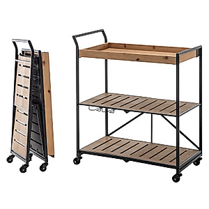 MELLCOM Folding Bar Cart Kitchen Serving Cart on Lockable Wheels 3-Tier Rolling Utility Cart with Glass Holders for Home Kitchen, Rustic Brown