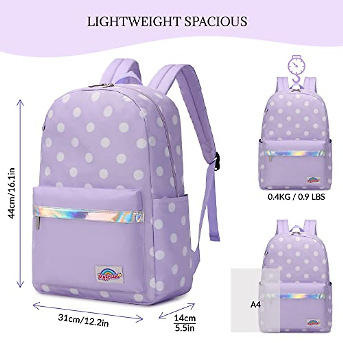 mygreen Cartoon Dot Prints Backpacks for Girls Kids Elementary School Bags Boys Nylon Bookbag Purple