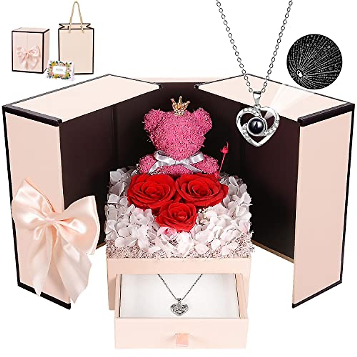 digi marker Preserved Rose Moss Bear with 100 I Love You Necklace Stocking Stuffers Gifts for Women Girlfriend Wife Mom Grandma Christmas Valentines Mothers Day Birthday Anniversary