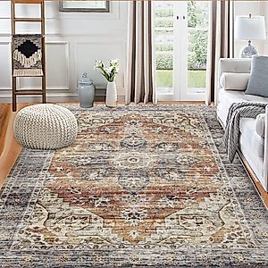 COZYLOOM Area Rug 5x7 Washable Rug Persian Medallion Floor Cover Vintage Floral Distressed Rug Soft Tribal Indoor Carpet Non-Slip Low Pile Thin Rug Oriental Throw Carpet Foldable Rug Orange/Brown
