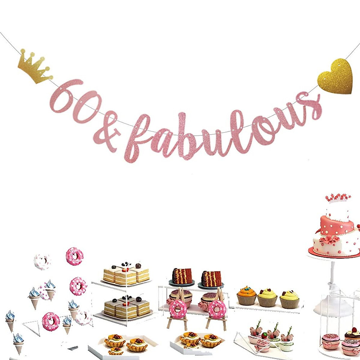 60 & fabulous Banner, Pre-Strung, No Assembly Required, Funny Rose Gold Paper Glitter Party Decorations for 60th Birthday Party Supplies, Letters Rose Gold,ABCpartyland
