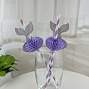 ABOOFAN Neon Straws Mermaid Paper Straws Biodegradable Striped Paper Straws Purple Honeycomb Drinking Straws 50pcs for Birthday Party Under The Sea Party Supplies Colored Straws