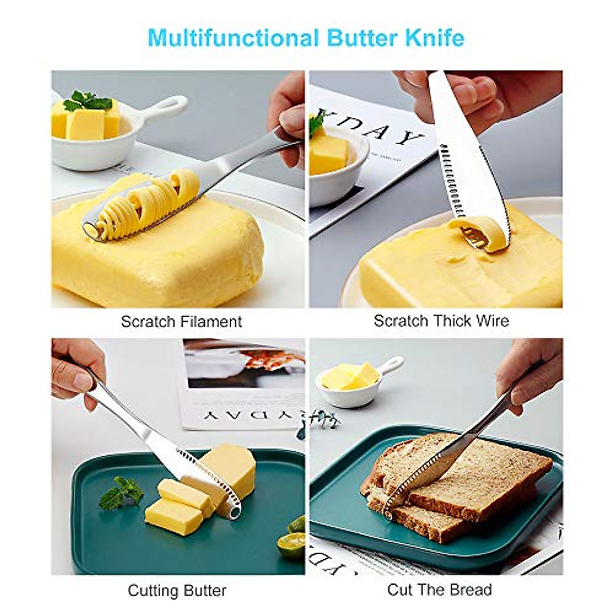 HAHAYOO The Better Butter Spreader Knife, Butter Knife Spreaders, Stainless Steel Butter Knives Curler, Butter Knifes for Cold Butter Slicer with Holes, Butter Grater, 3 in 1 Kitchen Gadgets Serrated