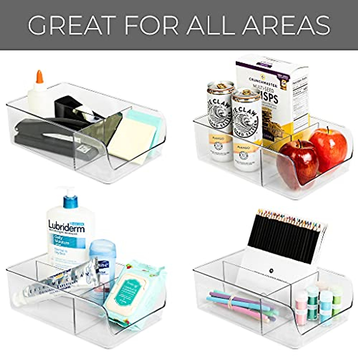 Smart Design 3 Compartment Clear Bin Organizer - Set of 2 - BPA Free Plastic Resin - Tea, Sugar, Straws, Fridge, Freezer, Cabinet, Food, Pantry Storage - Kitchen Organizer - Clear