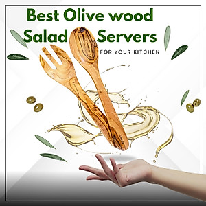 Handcrafted Olive Wood Salad Tongs and Servers Set, Long Handle 100% Mediterranean Hancrafted Eco Friendly Housewarming Gifts, Apartment Essentials (Golden Brown, 12inch)