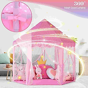 Princess Tent, Play Tent with LED Star Lights, Girls Castle Play Tent, Hexagon Playhouse with Star Lights, Portable Pink Castle for Home, Backyard, Park, Party, Indoor or Outdoor Games (Pink)