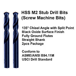 MAXTOOL 9/32" 2pcs Identical Screw Machine Drills HSS M2 Twist Stub Drill Bits Black Oxide Fully Ground Straight Shank Short Drills; SMF02B10R18P2