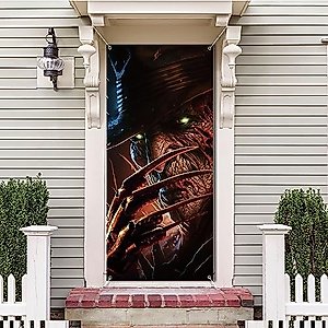 Scary Halloween Door Banner, Classic Horror Movie Character Banner Scary Killer Halloween Door Decorations Cover Backdrop for Halloween Birthday Party Decor Front Door Banner Photo Booth Props