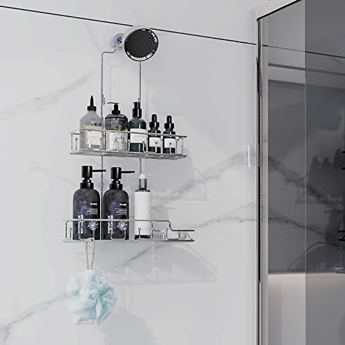 Neahom Adjustable Hanging Shower Caddy Shelf, Hanging Over Shower Head Shower Caddy Bathroom Organizer, Rustproof Storage Shower Rack Holder with Soap Dish and Hooks for Towel, Razor and Sponge Silver