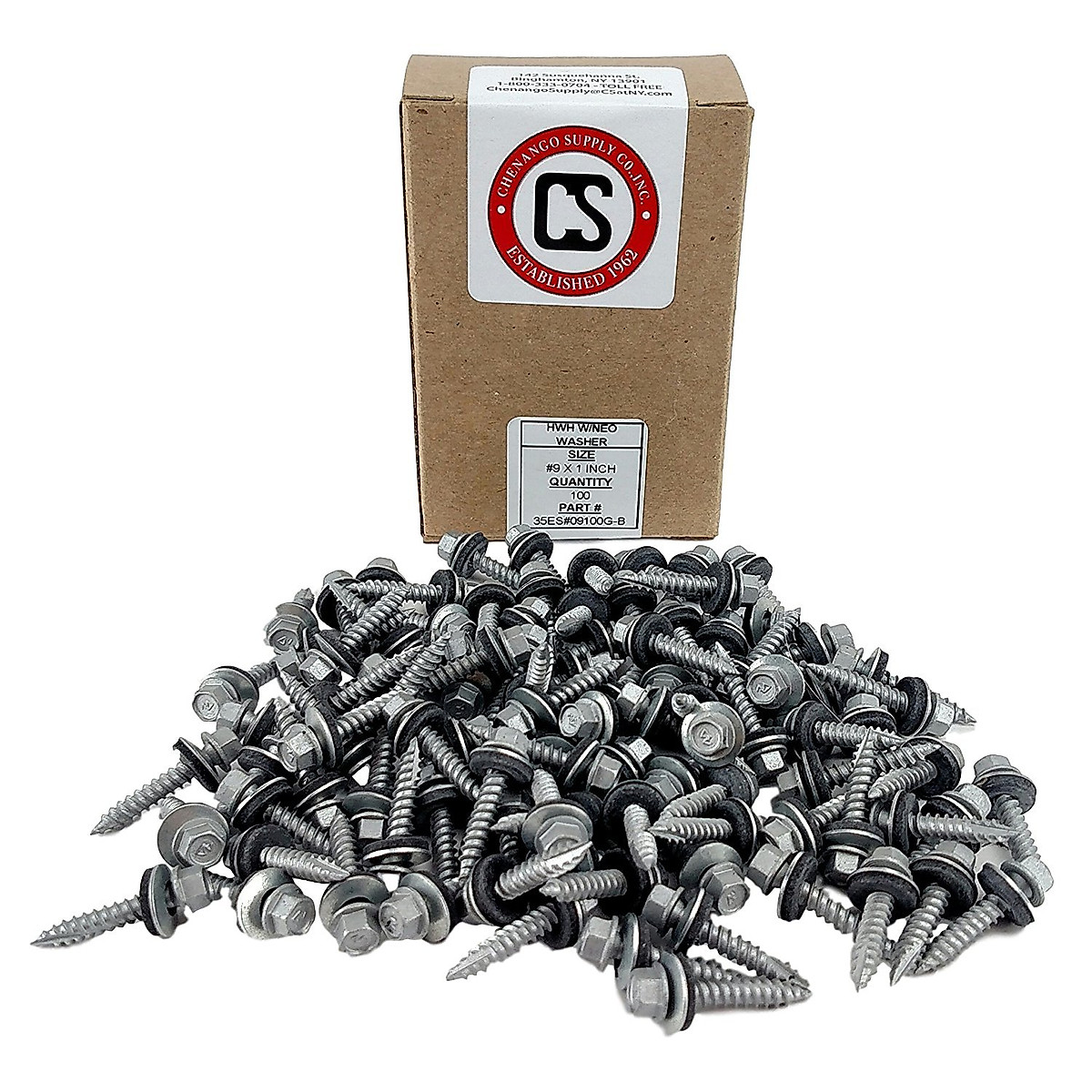 Chenango Supply - N.9 x 1inches Hex Washer Head Metal Roof Screw Self Starting/self Tapping Metal to Wood, Sheet Metal Roofing, siding Screws with EPDM Washer Seal. 100 PCS (N.9 x 1