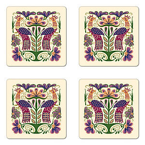 Lunarable Pheasant Coaster Set of 4, Ukrainian Folkloric Art with Birds and Flowers Cultural Ornamental Composition, Square Hardboard Gloss Coasters, Standard Size, Multicolor