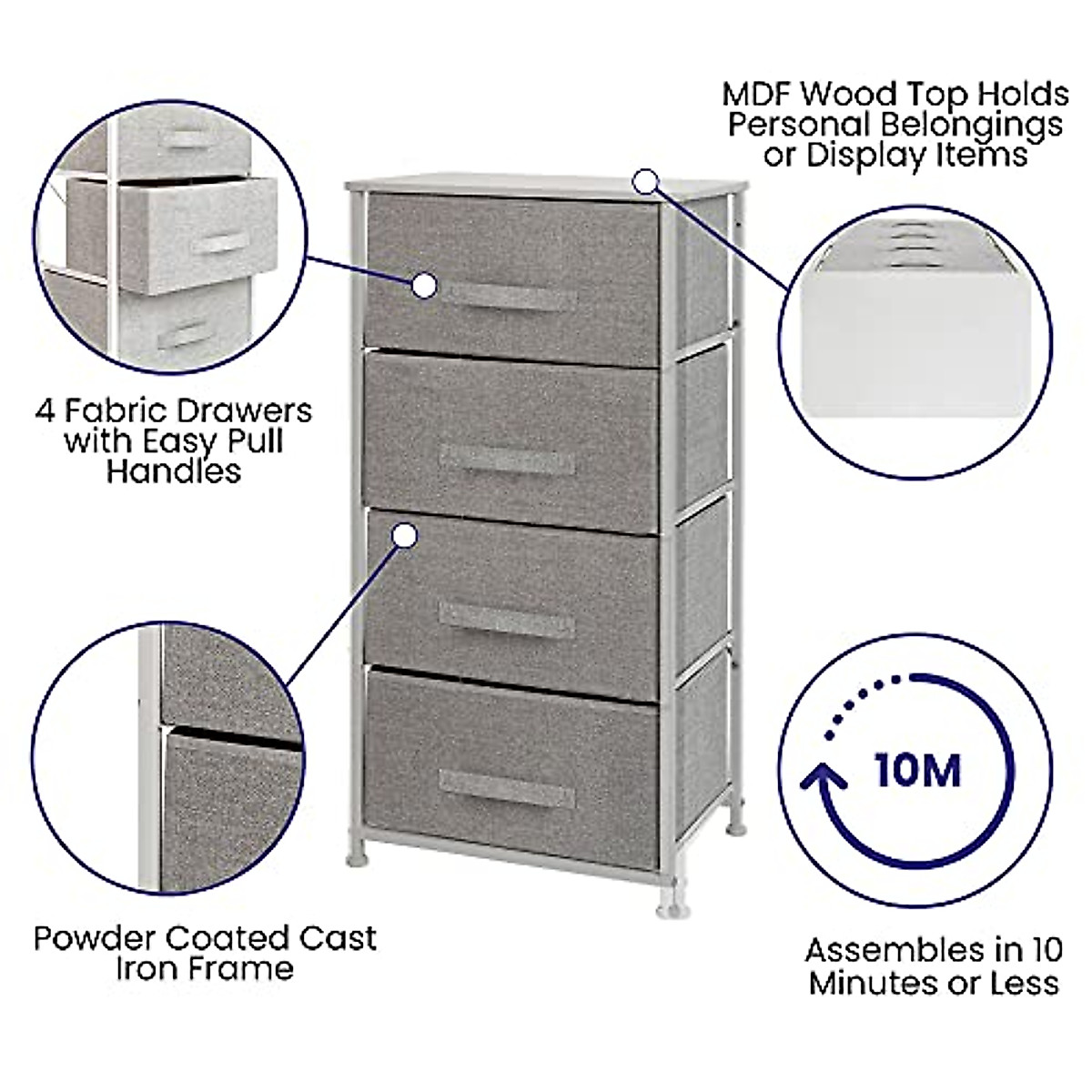 Flash Furniture 4 Drawer Storage Dresser - White Cast Iron Frame and Wood Top - 4 Easy Pull Light Gray Fabric Drawers