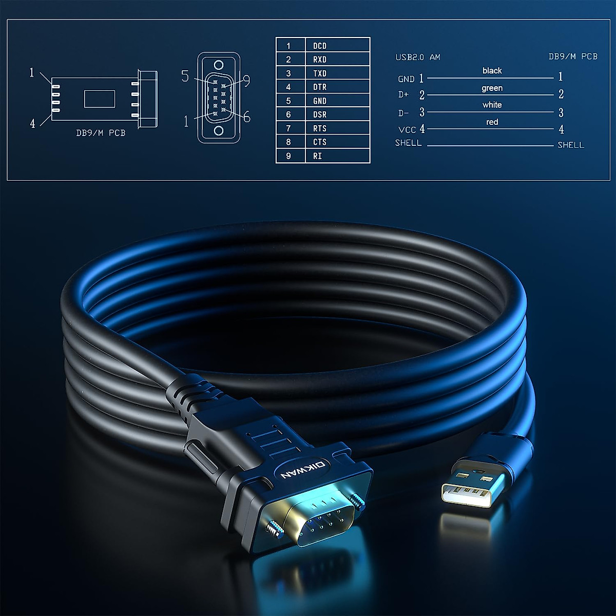 OIKWAN USB to RS232, USB Serial Adapter with FTDI Chipset,USB 2.0 to Male DB9 Serial Cable for Windows 11,10, 8, 7, Vista, XP, 2000, Linux and Mac OS(6ft)…