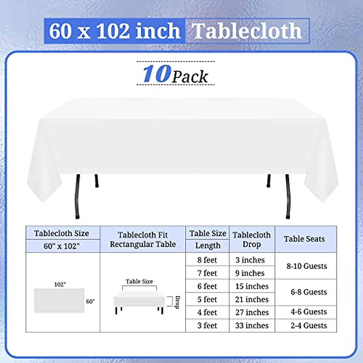10 Pack Polyester Tablecloth, 60 x 102 Inch White Polyester Table Cloth for 6 Feet Rectangle Tables, Stain and Wrinkle Resistant Washable Table Cover for Kitchen Wedding Banquet Restaurant Party