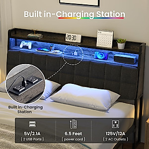 Flexpedic Queen Size Bedframe, Ergonomic Headboard with Multi-Space Storage, Platform Bed Frame Full Size with Charging Station and Adjustable RGB LED Lights, Strong Weight Capacity, Easy Assembly