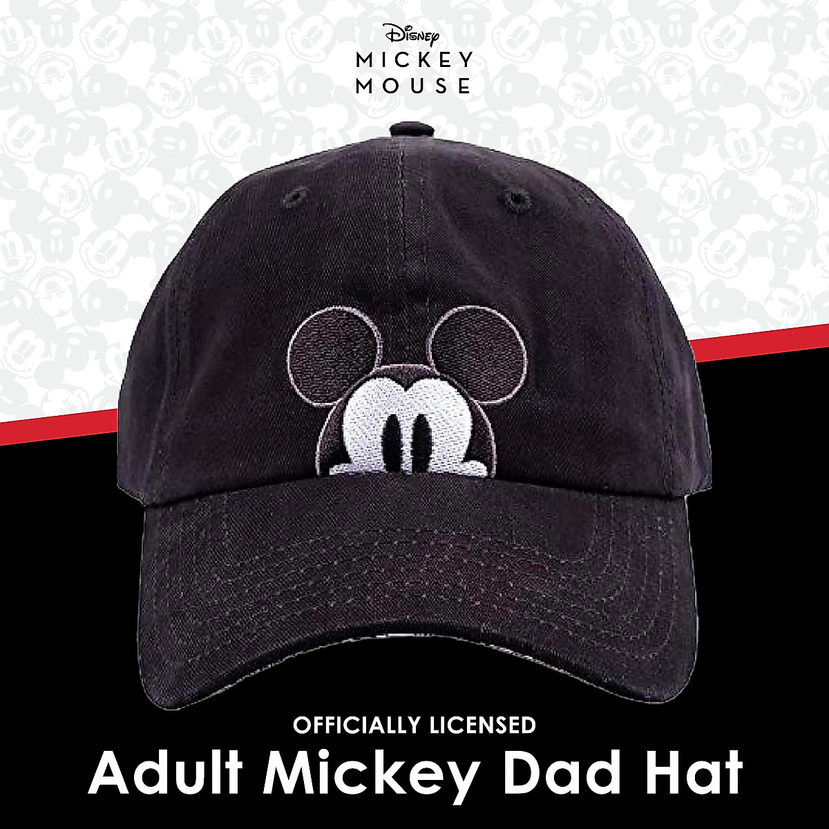 Disney Mickey Mouse Dad Hat, Peek-A-Boo Embroidered Adult Baseball Cap with Comic Strip Print Curved Brim, Black, One Size