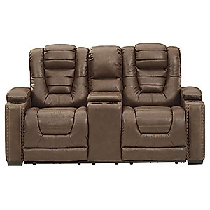 Signature Design by Ashley Owner's Box Faux Leather Power Reclining Loveseat with Center Console, Brown